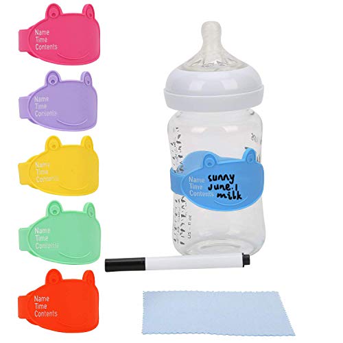 Baby Bottle Labels for Daycare, Durable Writable Reusable Food -Grade Silicone 6 Pack Baby Bottle Labels with Dry Erase Marker Foretoo