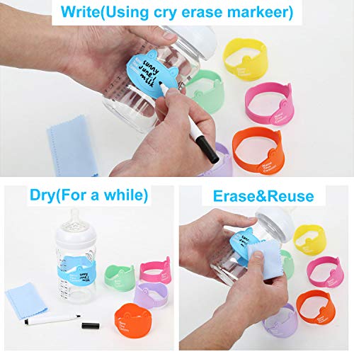 Baby Bottle Labels for Daycare, Durable Writable Reusable Food -Grade Silicone 6 Pack Baby Bottle Labels with Dry Erase Marker Foretoo