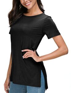 herou women black short sleeve tops casual summer crewneck t-shirt tees with side split black x-large