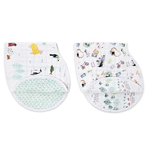 Aden + Anais Burpy Bib, 100% Cotton Muslin, Soft Absorbent 4 Layers, Multi-Use Burp Cloth and Bib, 22.5" X 11", 2 Pack, Around The World