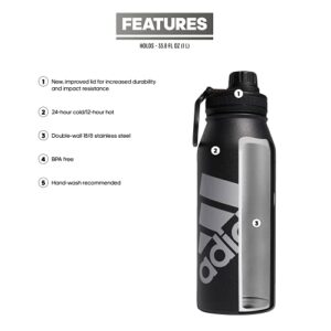 adidas Unisex 1 Liter (32 oz) Metal Water Bottle, Black/Silver Metallic, One Size