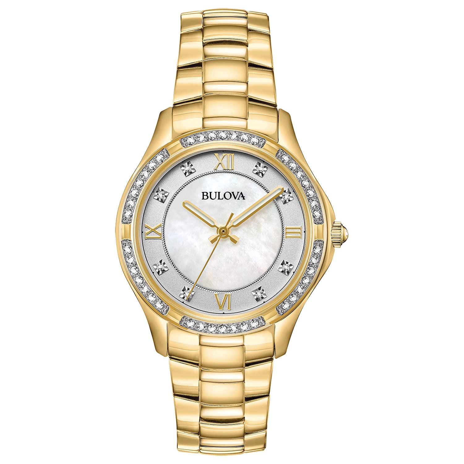 Bulova Ladies' Crystal Gold Tone Stainless Steel 3-Hand Quartz Watch, White Mother-of-Pearl Dial Style: 98L256