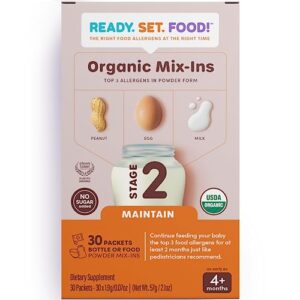 ready set food | early allergen introduction mix-ins for babies 4+ mo | stage 2 - 30 days | top 3 allergens - organic peanut egg milk | safe easy effective | for bottle or food