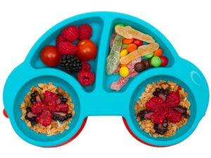 qshare toddler plates, portable baby plates for toddlers, bpa-free strong suction plates for toddlers, dishwasher and microwave safe silicone placemat 10x7x1''