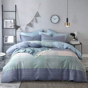 vm vougemarket blue patchwork duvet cover set queen multi-dimensional design modern bedding set plaid mint green with stripes soft cotton comforter cover with zipper closure-no filling