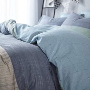 VM VOUGEMARKET Blue Patchwork Duvet Cover Set Queen Multi-Dimensional Design Modern Bedding Set Plaid Mint Green with Stripes Soft Cotton Comforter Cover with Zipper Closure-No Filling