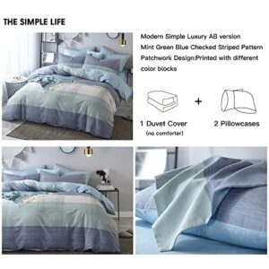 VM VOUGEMARKET Blue Patchwork Duvet Cover Set Queen Multi-Dimensional Design Modern Bedding Set Plaid Mint Green with Stripes Soft Cotton Comforter Cover with Zipper Closure-No Filling