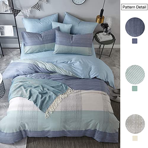 VM VOUGEMARKET Blue Patchwork Duvet Cover Set Queen Multi-Dimensional Design Modern Bedding Set Plaid Mint Green with Stripes Soft Cotton Comforter Cover with Zipper Closure-No Filling