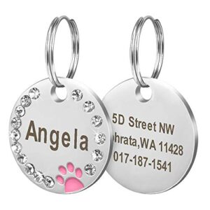 didog stainless steel custom engraved pet id tags,round crystal rhinestones tags with pretty paw print,double-side laser engraving tags fit small medium large dogs and kittens,pink