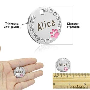 Didog Stainless Steel Custom Engraved Pet ID Tags,Round Crystal Rhinestones Tags with Pretty Paw Print,Double-Side Laser Engraving Tags Fit Small Medium Large Dogs and Kittens,Pink