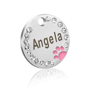 Didog Stainless Steel Custom Engraved Pet ID Tags,Round Crystal Rhinestones Tags with Pretty Paw Print,Double-Side Laser Engraving Tags Fit Small Medium Large Dogs and Kittens,Pink