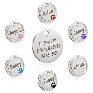 Didog Stainless Steel Custom Engraved Pet ID Tags,Round Crystal Rhinestones Tags with Pretty Paw Print,Double-Side Laser Engraving Tags Fit Small Medium Large Dogs and Kittens,Pink