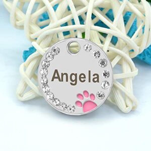 Didog Stainless Steel Custom Engraved Pet ID Tags,Round Crystal Rhinestones Tags with Pretty Paw Print,Double-Side Laser Engraving Tags Fit Small Medium Large Dogs and Kittens,Pink