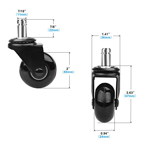 8T8 Replacement Chair Caster Wheels 2'', Heavy Duty Wheels with Plug-in Stem 7/16''X7/8'',Quiet & Smooth Rolling, No Chair Mat Needed, Safe for Hardwood Carpet Tile Floors,Set of 5 (Black, 2 inch)