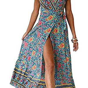 ZESICA Women's 2023 Bohemian Floral Printed Wrap V Neck Short Sleeve Split Beach Party Maxi Dress,Green,Medium