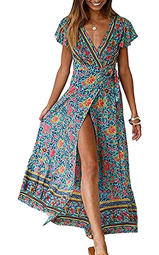 ZESICA Women's 2023 Bohemian Floral Printed Wrap V Neck Short Sleeve Split Beach Party Maxi Dress,Green,Medium