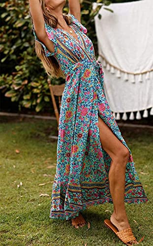 ZESICA Women's 2023 Bohemian Floral Printed Wrap V Neck Short Sleeve Split Beach Party Maxi Dress,Green,Medium