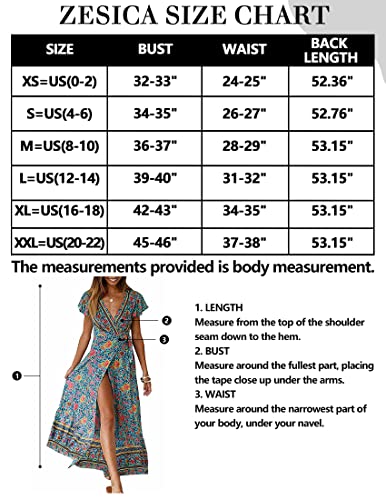 ZESICA Women's 2023 Bohemian Floral Printed Wrap V Neck Short Sleeve Split Beach Party Maxi Dress,Green,Medium