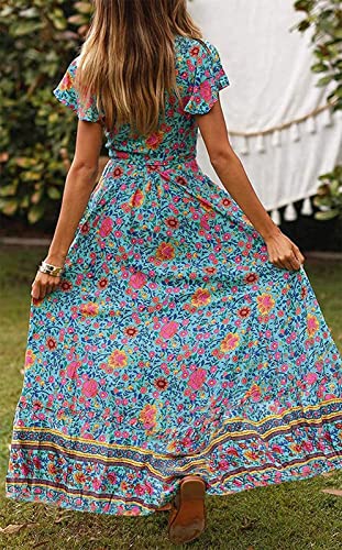 ZESICA Women's 2023 Bohemian Floral Printed Wrap V Neck Short Sleeve Split Beach Party Maxi Dress,Green,Medium