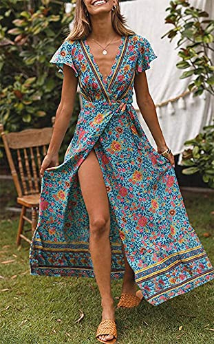 ZESICA Women's 2023 Bohemian Floral Printed Wrap V Neck Short Sleeve Split Beach Party Maxi Dress,Green,Medium