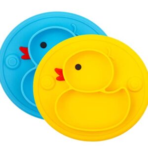 Silicone Divided Toddler Plates - Portable Non Slip Suction Plates for Children Babies and Kids BPA Free Baby Dinner Plate (Duck Blue/Yellow)