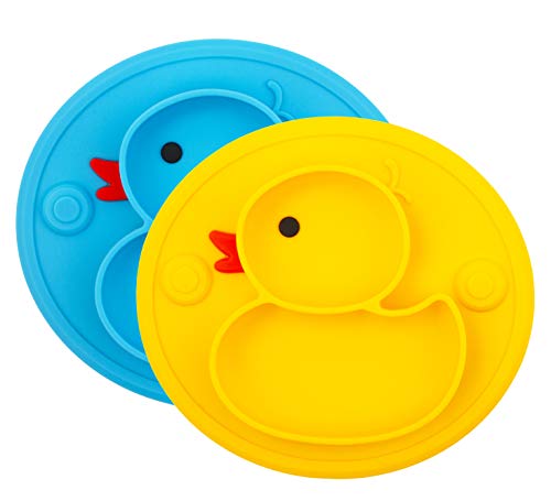 Silicone Divided Toddler Plates - Portable Non Slip Suction Plates for Children Babies and Kids BPA Free Baby Dinner Plate (Duck Blue/Yellow)