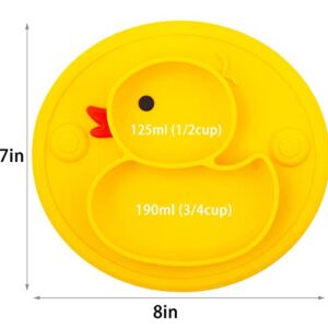 Silicone Divided Toddler Plates - Portable Non Slip Suction Plates for Children Babies and Kids BPA Free Baby Dinner Plate (Duck Blue/Yellow)