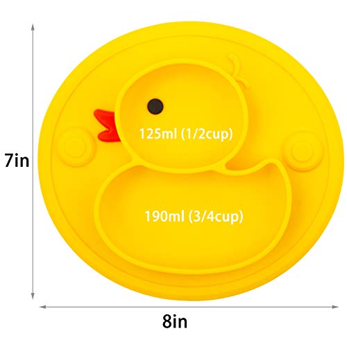 Silicone Divided Toddler Plates - Portable Non Slip Suction Plates for Children Babies and Kids BPA Free Baby Dinner Plate (Duck Blue/Yellow)