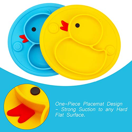 Silicone Divided Toddler Plates - Portable Non Slip Suction Plates for Children Babies and Kids BPA Free Baby Dinner Plate (Duck Blue/Yellow)