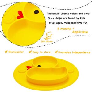 Silicone Divided Toddler Plates - Portable Non Slip Suction Plates for Children Babies and Kids BPA Free Baby Dinner Plate (Duck Blue/Yellow)