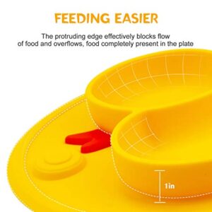 Silicone Divided Toddler Plates - Portable Non Slip Suction Plates for Children Babies and Kids BPA Free Baby Dinner Plate (Duck Blue/Yellow)