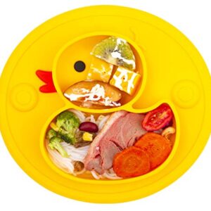 Silicone Divided Toddler Plates - Portable Non Slip Suction Plates for Children Babies and Kids BPA Free Baby Dinner Plate (Duck Blue/Yellow)