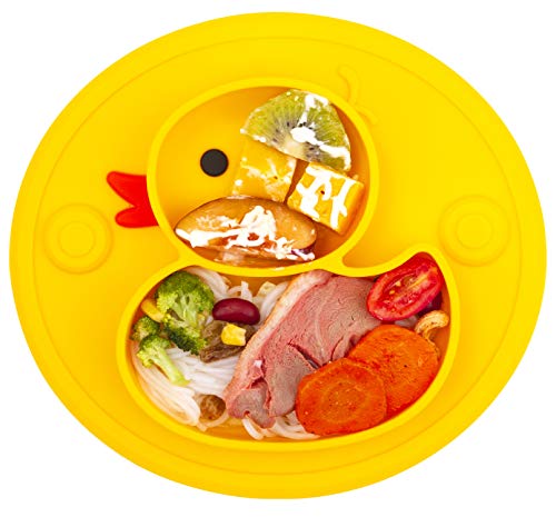 Silicone Divided Toddler Plates - Portable Non Slip Suction Plates for Children Babies and Kids BPA Free Baby Dinner Plate (Duck Blue/Yellow)