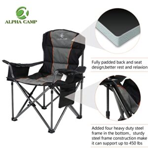 ALPHA CAMP Oversized Camping Folding Chair, Heavy Duty Support 450 LBS Steel Frame Collapsible Padded Arm Chair with Cup Holder Quad Lumbar Back, Portable for Outdoor,Black