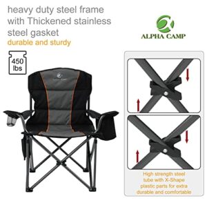 ALPHA CAMP Oversized Camping Folding Chair, Heavy Duty Support 450 LBS Steel Frame Collapsible Padded Arm Chair with Cup Holder Quad Lumbar Back, Portable for Outdoor,Black