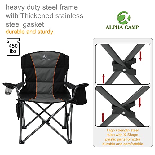 ALPHA CAMP Oversized Camping Folding Chair, Heavy Duty Support 450 LBS Steel Frame Collapsible Padded Arm Chair with Cup Holder Quad Lumbar Back, Portable for Outdoor,Black