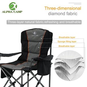 ALPHA CAMP Oversized Camping Folding Chair, Heavy Duty Support 450 LBS Steel Frame Collapsible Padded Arm Chair with Cup Holder Quad Lumbar Back, Portable for Outdoor,Black