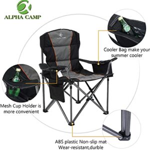 ALPHA CAMP Oversized Camping Folding Chair, Heavy Duty Support 450 LBS Steel Frame Collapsible Padded Arm Chair with Cup Holder Quad Lumbar Back, Portable for Outdoor,Black