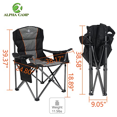 ALPHA CAMP Oversized Camping Folding Chair, Heavy Duty Support 450 LBS Steel Frame Collapsible Padded Arm Chair with Cup Holder Quad Lumbar Back, Portable for Outdoor,Black