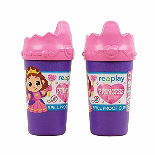 Re Play Made in USA 2pk Princess No Spill Sippy Cups | 1 Piece Silicone Easy Clean Valve | Heavyweight Recycled Milk Jugs are Virtually Indestructible | Specialty Crown Lid