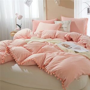 ihoustriy duvet cover queen size,100% washed microfiber 3pcs bedding duvet cover set, pom poms fringe solid color soft and breathable with zipper closure & corner ties - pink