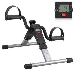 folding pedal exerciser, mini exercise bike under desk bike pedal exerciser arm and leg peddler machine with lcd monitor