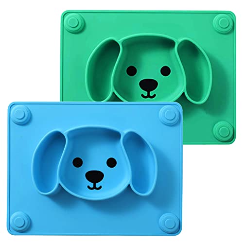 LongDear Baby Silicone Suction Placemat + Plates - Food Feeding Divided Mat for Kids and Toddlers Fits Most Highchair Trays - Dishwasher and Microwave Safe 2 Pack (Blue & Green)