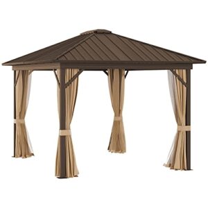 outsunny 10' x 12' hardtop gazebo canopy with galvanized steel roof, aluminum frame, permanent pavilion with top hook, netting and curtains for patio, garden, backyard, deck, lawn, brown