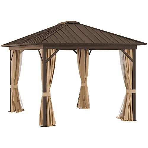 Outsunny 10' x 12' Hardtop Gazebo Canopy with Galvanized Steel Roof, Aluminum Frame, Permanent Pavilion with Top Hook, Netting and Curtains for Patio, Garden, Backyard, Deck, Lawn, Brown