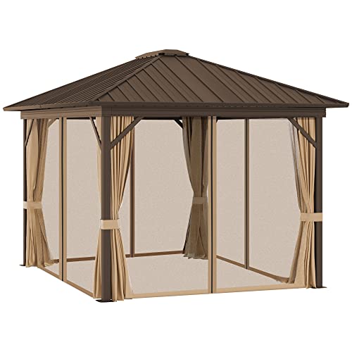 Outsunny 10' x 12' Hardtop Gazebo Canopy with Galvanized Steel Roof, Aluminum Frame, Permanent Pavilion with Top Hook, Netting and Curtains for Patio, Garden, Backyard, Deck, Lawn, Brown