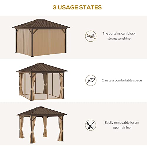 Outsunny 10' x 12' Hardtop Gazebo Canopy with Galvanized Steel Roof, Aluminum Frame, Permanent Pavilion with Top Hook, Netting and Curtains for Patio, Garden, Backyard, Deck, Lawn, Brown