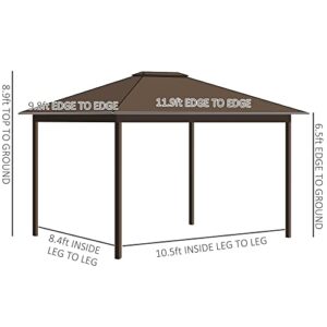 Outsunny 10' x 12' Hardtop Gazebo Canopy with Galvanized Steel Roof, Aluminum Frame, Permanent Pavilion with Top Hook, Netting and Curtains for Patio, Garden, Backyard, Deck, Lawn, Brown