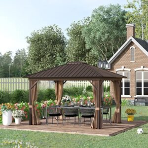 Outsunny 10' x 12' Hardtop Gazebo Canopy with Galvanized Steel Roof, Aluminum Frame, Permanent Pavilion with Top Hook, Netting and Curtains for Patio, Garden, Backyard, Deck, Lawn, Brown