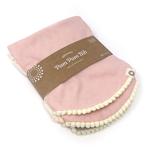 Kishu Baby Indi Girls Pom Pom Bibs - Luxuriously Soft, 100% Organic Cotton Muslin Exclusive of Trim - Fairtrade & GOTS Certified Organic Drool Bib with Snaps (Peach, Ivory, Lavender)